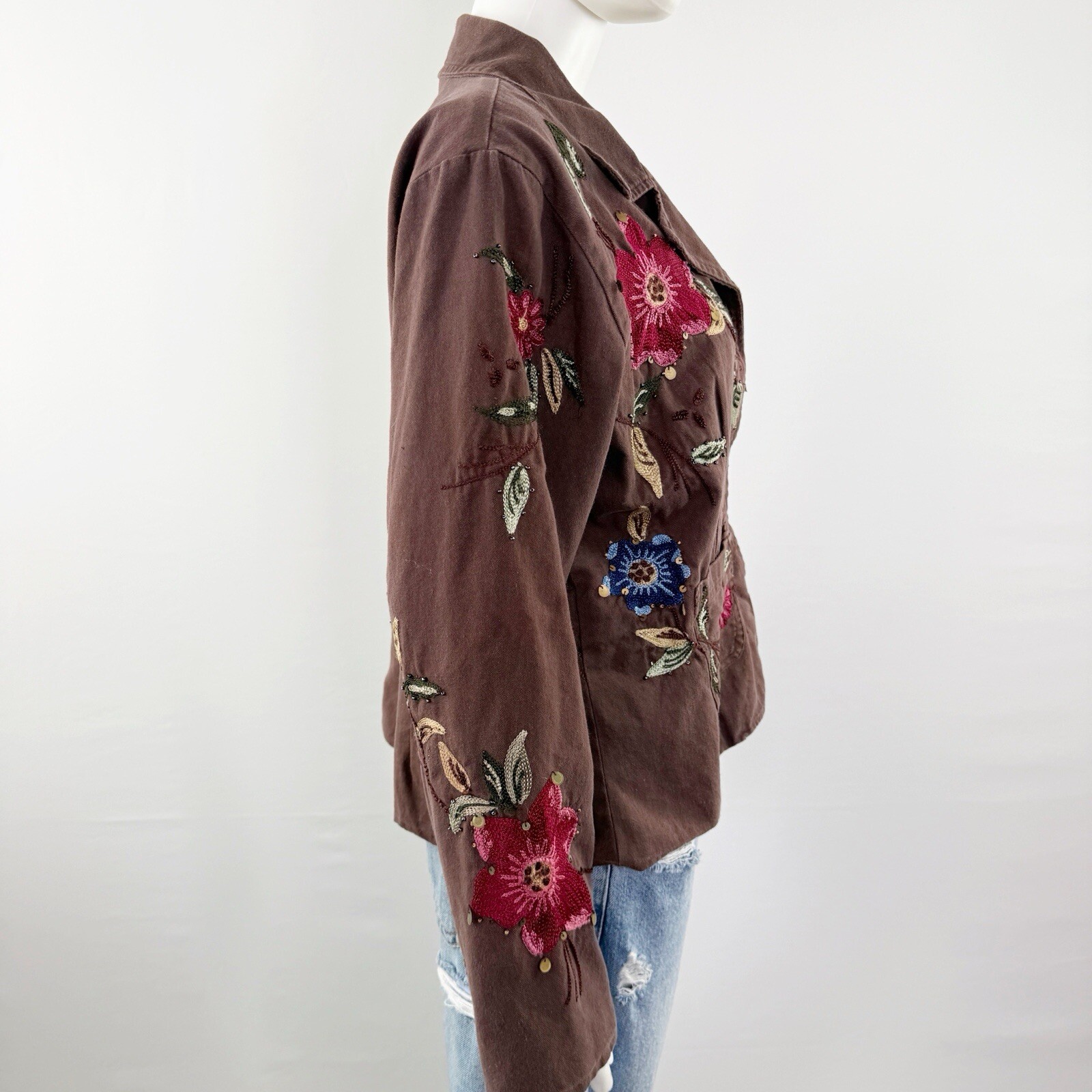 Passports Brown Beaded Jacket Size XL Floral Embroidery V-Neck Boho ...