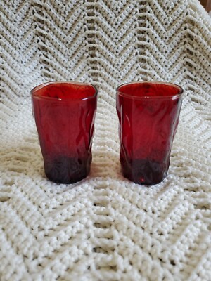 SET of 2 Vintage MORGANTOWN Crinkle Glass Ruby Red Flat Juice Glasses 4 ...
