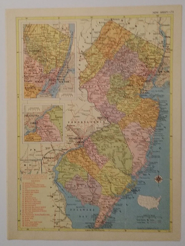 1956 Antique NEW JERSEY Atlas Map Vintage Hammond's Family Reference ...
