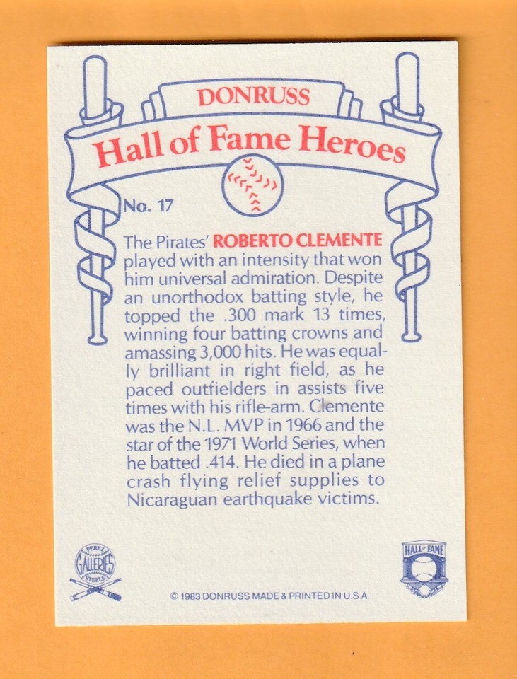Roberto Clemente Pittsburgh Pirates 1983 Donruss HOF Heroes #17 3G | eBay