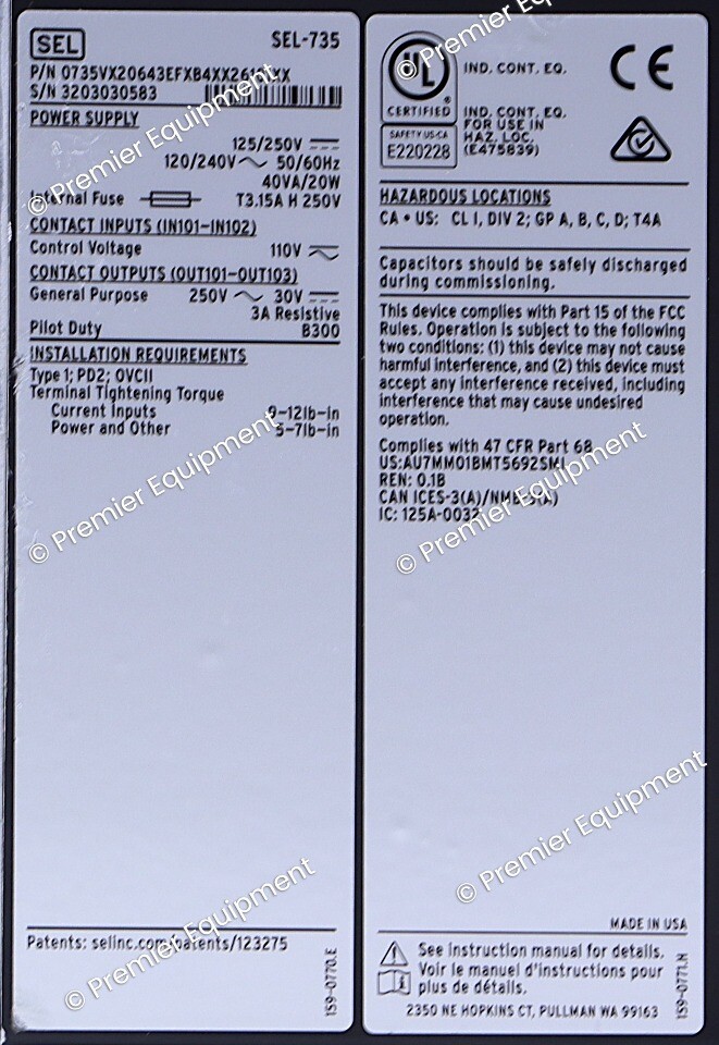 SCHWEITZER SEL-735 SEL 0735VX20643EFXB4XX26101XX POWER QUALITY REVENUE ...