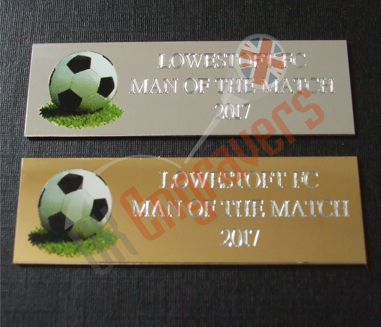 ENGRAVED TROPHY PLAQUE 50MM X 16MM FOOTBALL SPORTS AWARD SELF ADHESIVE ...