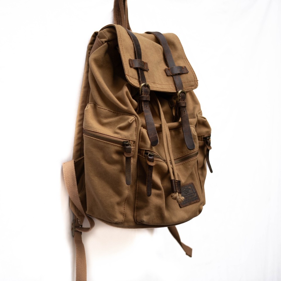 Augur Jans Canvas Leather Backpack Beige Brown Hiking Rucksack ...
