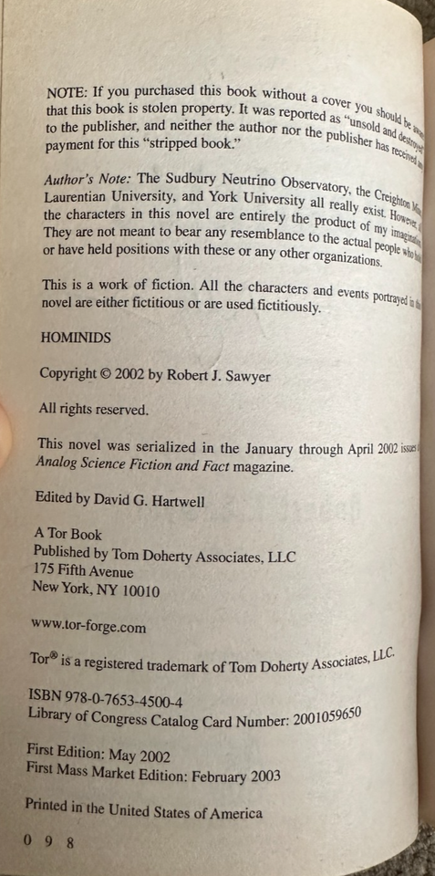 Hominids : Neanderthal Parallax SIGNED Robert J. Sawyer 2003 TOR HUGO Winner OOP | eBay