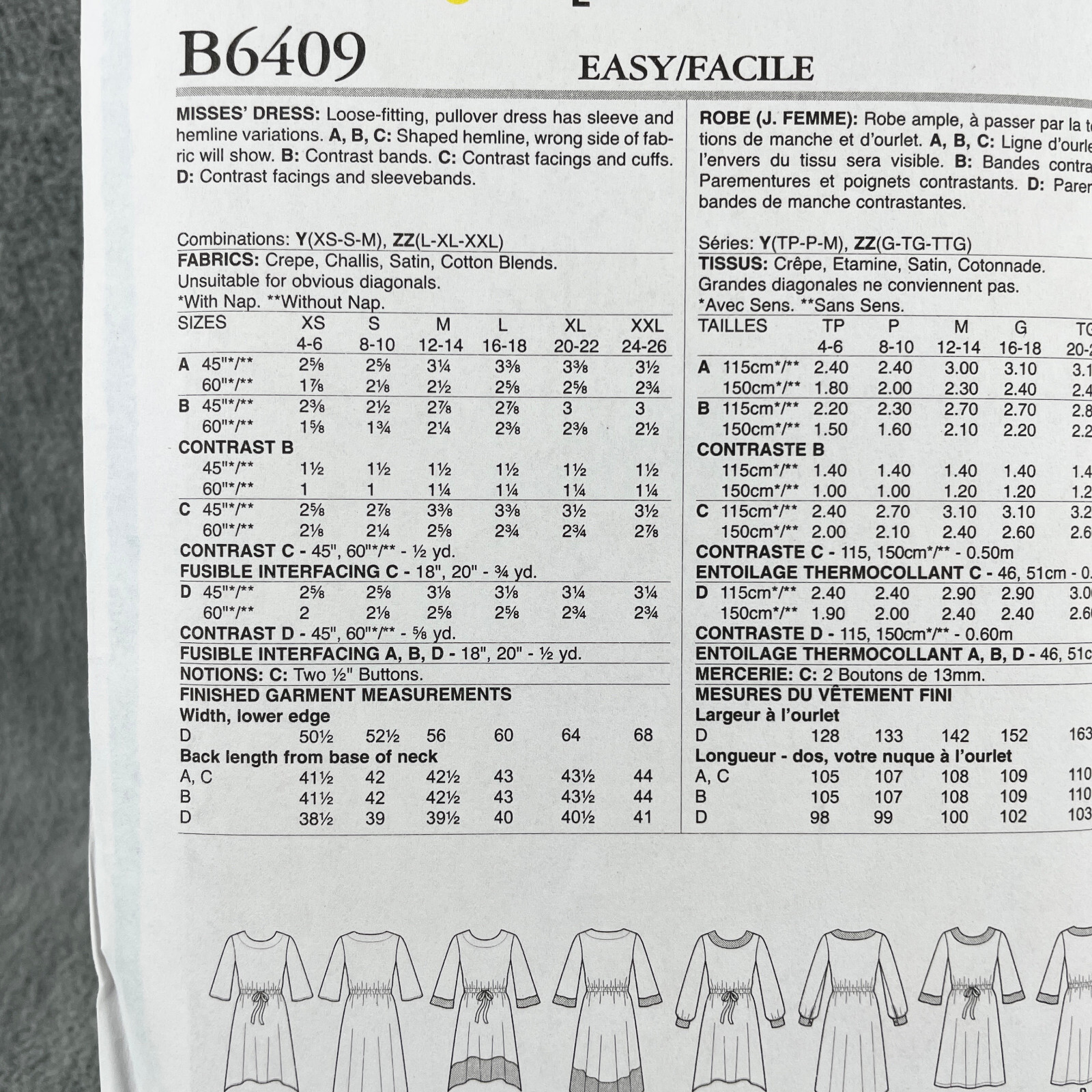 Butterick 6409 Plus Size Dress with Round Neckline Misses L XXL Sewing ...