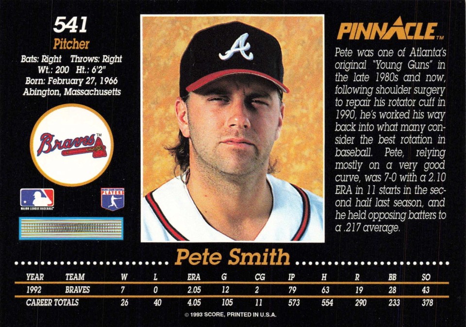 Pete Smith #541 1993 Pinnacle Atlanta Braves | eBay