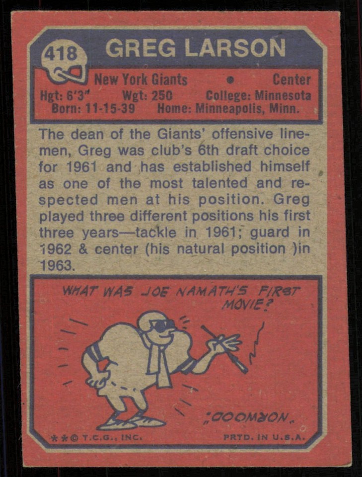 1973 TOPPS GREG LARSON NEW YORK GIANTS #418 VG/EX - MISCUT | eBay