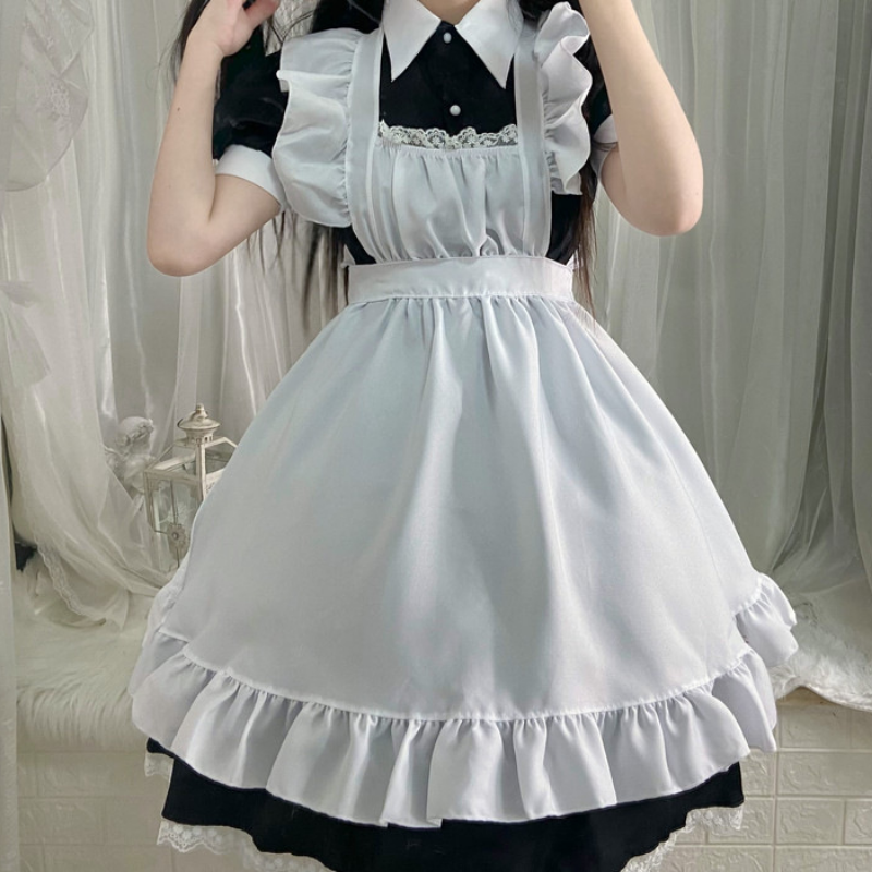 Lady Lolita Maid Outfit Apron Dress Uniform Ruffle Lace Trim Cosplay ...