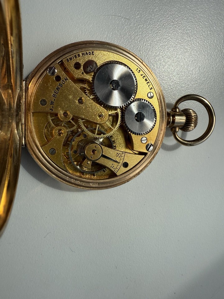 J W Benson LTD Yellow Gold Cased Pocket Watch 9ct Open-Faced with Box ...