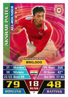 2016 2017 KINGS XL PUNJAB IPL Cricket Card AKSHAR PATEL Topps Attax ...