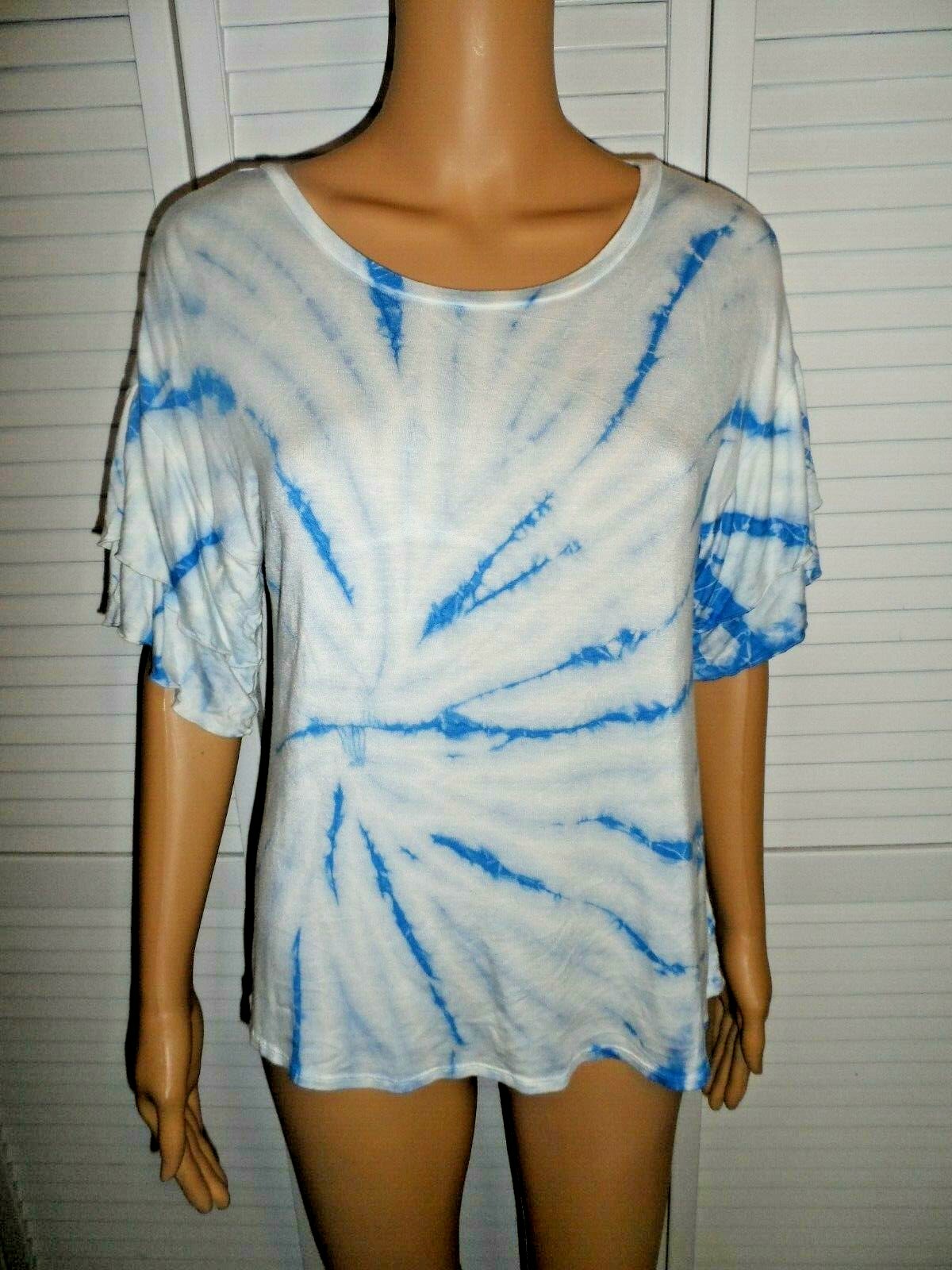 Cute Wonderly size S blue white tie dye short ruffle sleeve shirt women ...
