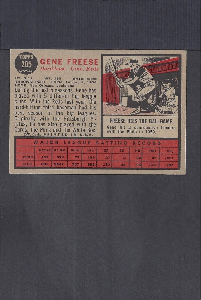 1962 TOPPS #205 GENE FREESE-1--REDS--NO CREASES--EX/MT++ | eBay