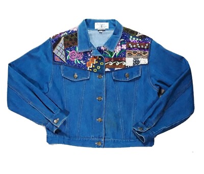 Vtg KK 88 Designs Beaded Blue Floral Geometric Jacket Medium Grannycore ...