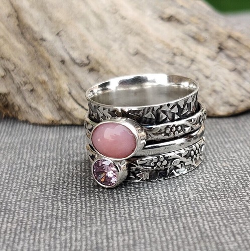 Pink Opel Gemstone 925 Sterling Silver Spinner Handmade Ring All Size ...