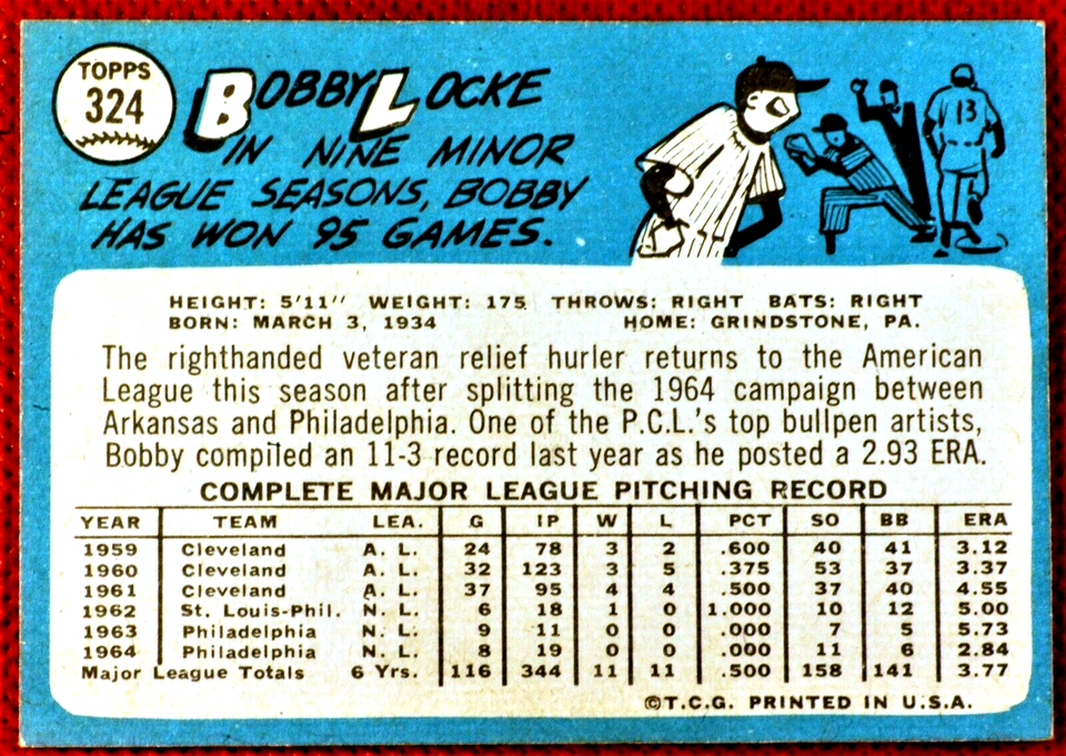 1965 Topps Baseball Card #324 Bobby Locke (California Angels) EX ...