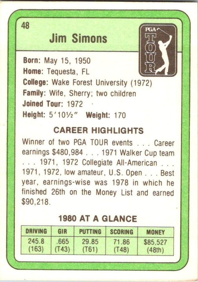 1981 Donruss Golf #48 Jim Simons PGA Tour Free Shipping! | eBay