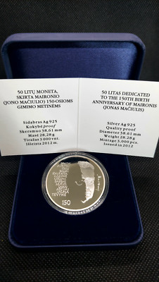 Lithuania 50 litu/ litas 2012 JONAS MAIRONIS PROOF Silver coin LOW ...