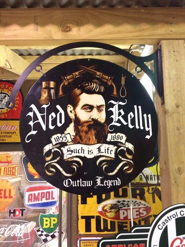 NED KELLY HUGE TIN METAL SIGN WITH HANGER DOUBLE SIDED SIGN SUCH IS ...