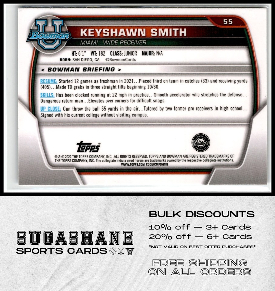 2022 Bowman University 55 Keyshawn Smith 1st Miami Hurricanes Football ...