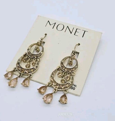 Monet Crystal Dangling Earrings Pierced Gold Tone 2 in | eBay