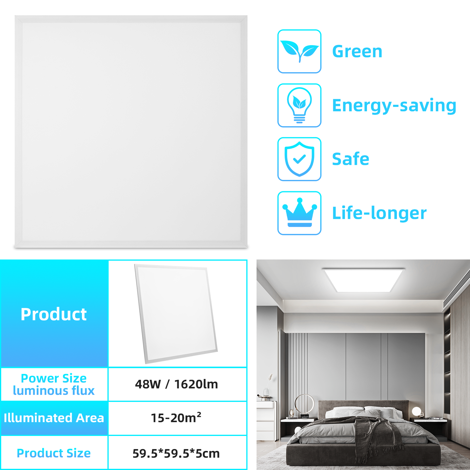 48W 600X600 LED Panel Light Suspended Ceiling Square Tile Grid 65K ...