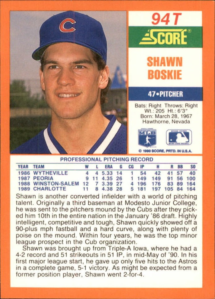 1990 Score Rookie/Traded Baseball Card #94T Shawn Boskie Rookie | eBay