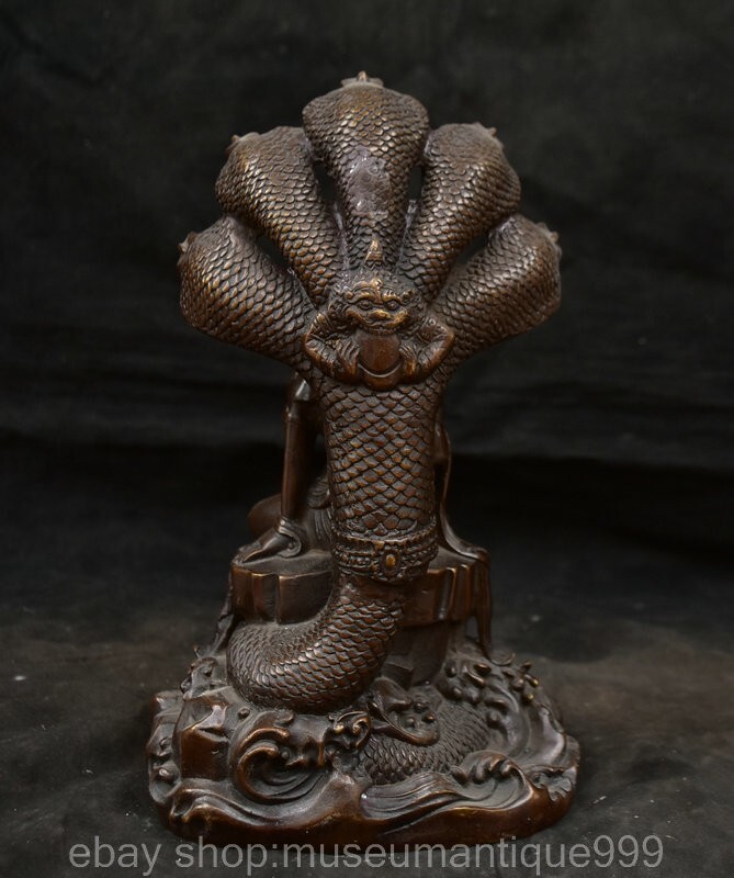 11.2" Old Chinese Copper Bronze Buddhism 5-Heads Snake Naga Kanya ...