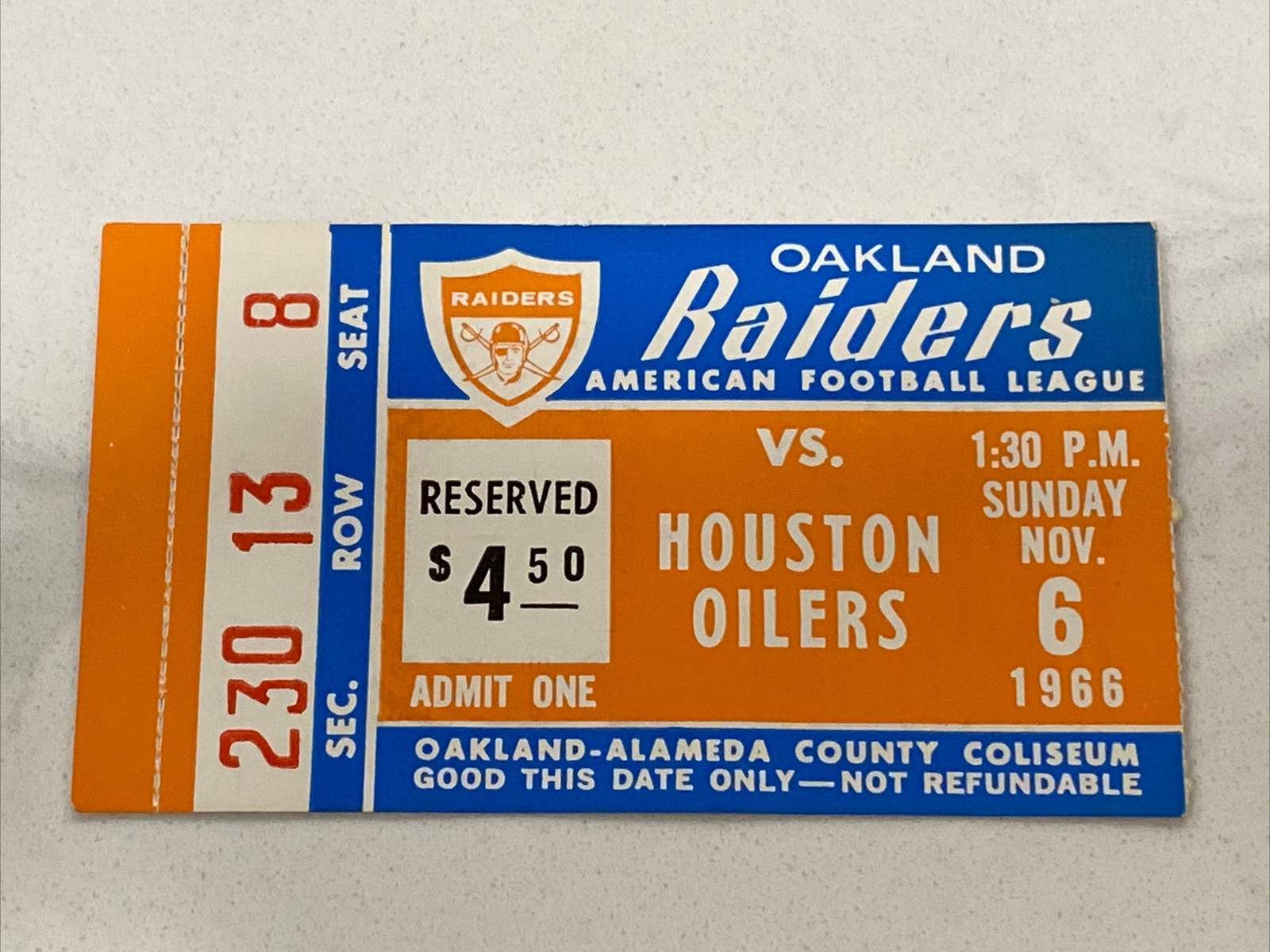 1966 Oakland Raiders vs Houston Oilers Ticket Stub Nov 6th @Oak AFL 1st ...