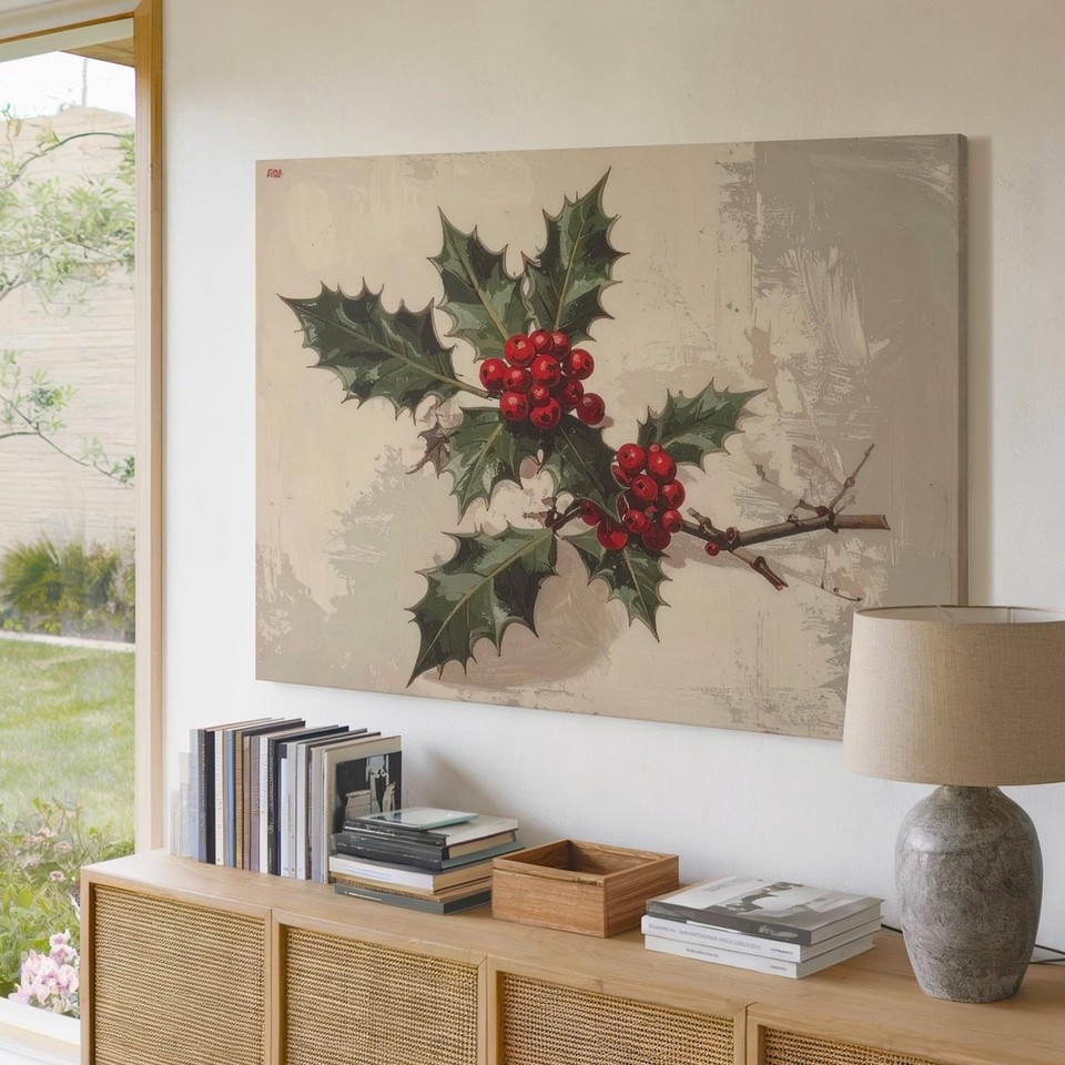 Minimalist Holly Botanical Canvas Elegant Christmas Nature Art Wall Art ...