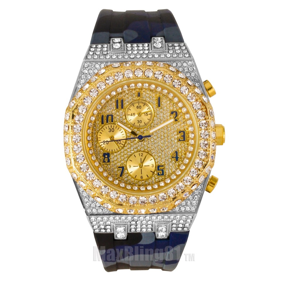 HIP HOP ICED SILICONE BAND LUXURY SIMULATED DIAMOND BLING OCTAGON BEZEL ...