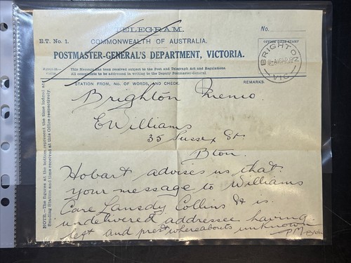 VINTAGE TELEGRAM COMMONWEALTH AUSTRALIA PMG 1940s BRIGHTON VICTORIA ...