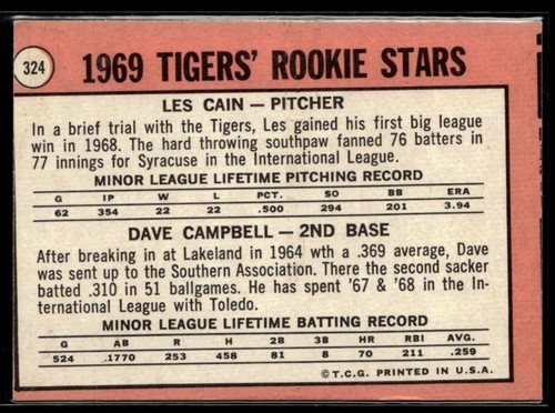 1969 Topps MC Severely Miscut Tigers Rookies - Les Cain/Dave Campbell ...