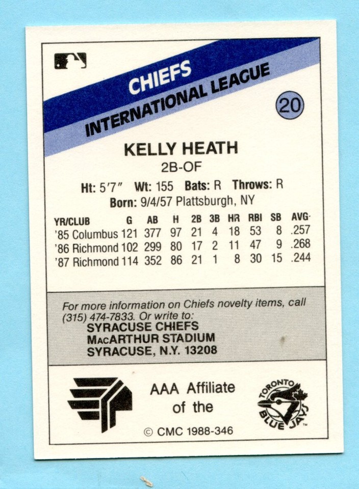 1988 CMC - Chiefs Inter. League - Syracuse Chiefs -Kelly Heath- Box 198 ...