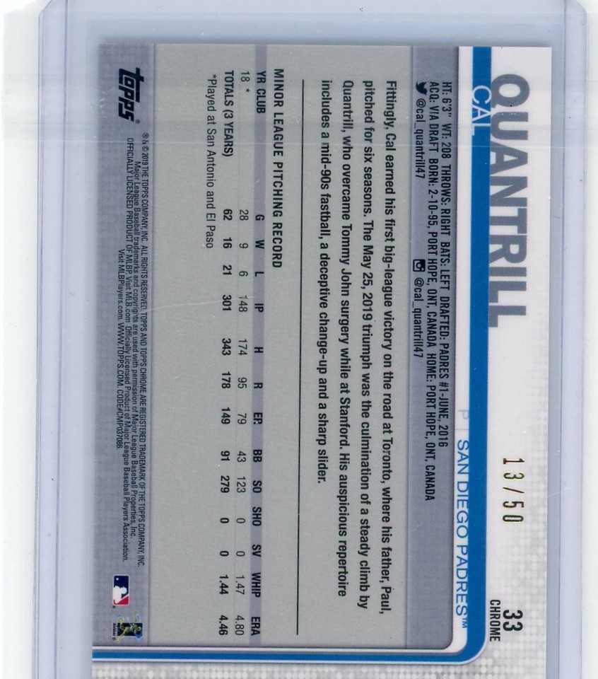 Cal Quantrill 2019 Topps Chrome Update Gold Refractor Rookie /50 | eBay