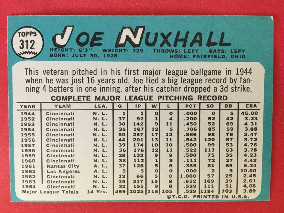 1965 Topps Baseball Card Joe Nuxhall #312 | eBay