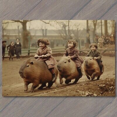 POSTCARD Capybara Kids Riding Old School Vibe Weird Strange Funny Race ...