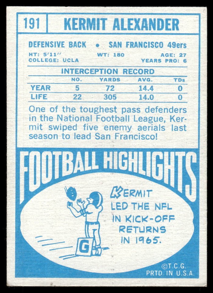1968 Topps Kermit Alexander #191 San Francisco 49ers Football Card | eBay