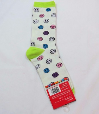 Womans Smiley Face White Multi Colored Crew Socks Size 9-11 Lime Green ...