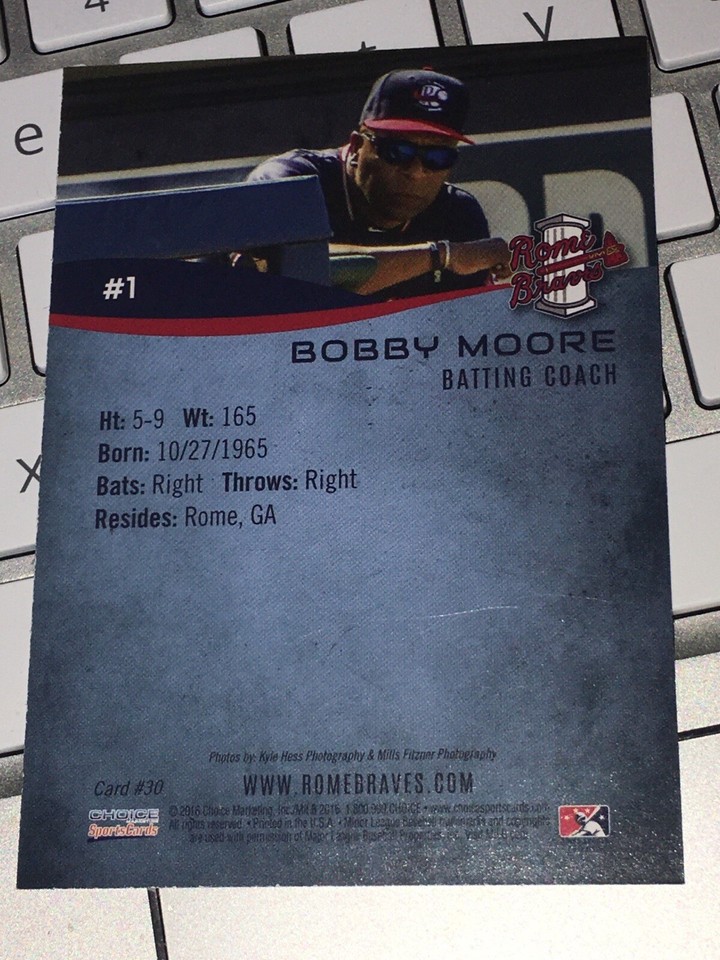 BOBBY MOORE signed 2016 ROME BRAVES IP Autograph COA BATTING COACH K.C ...