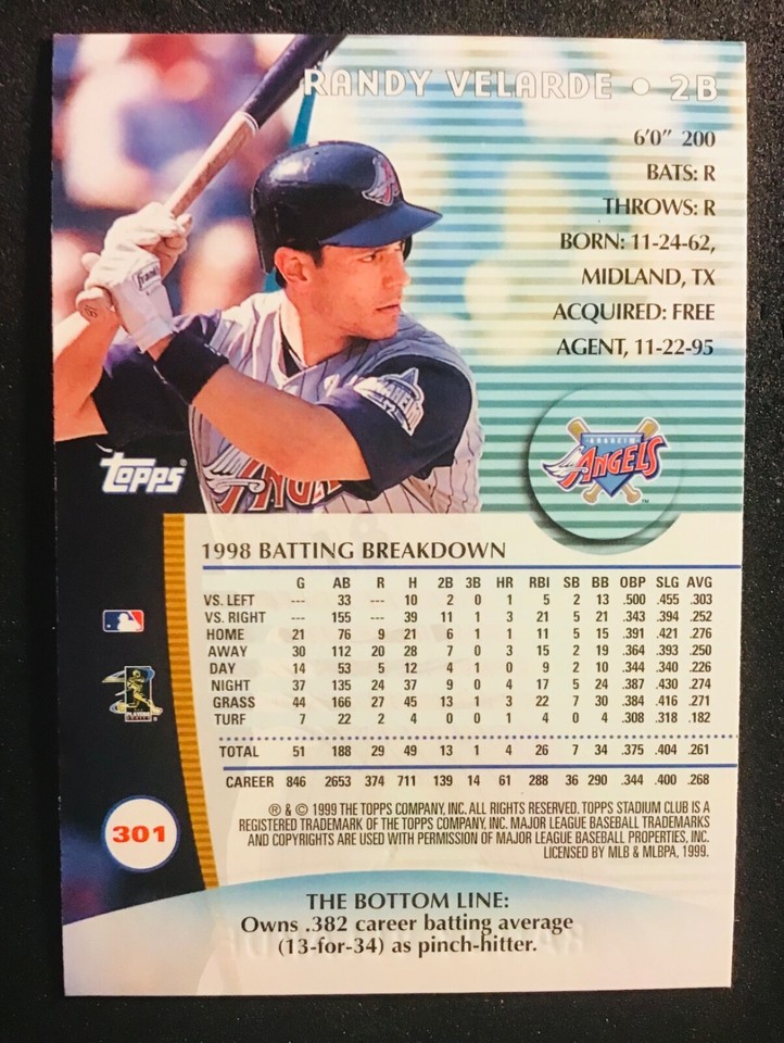 Anaheim Angels RANDY VELARDE auto signed autographed 1999 TOPPS STADIUM ...