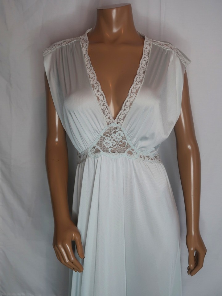 Vtg Olga Secret Hug Nightgown Long Nylon Lace Blue Lace USA Size M ...