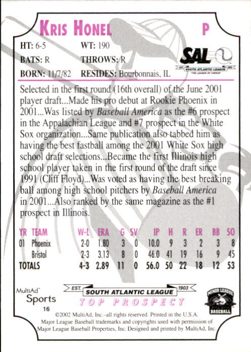 2002 South Atlantic League Prospects #16 Kris Honel Bourbonnais ...
