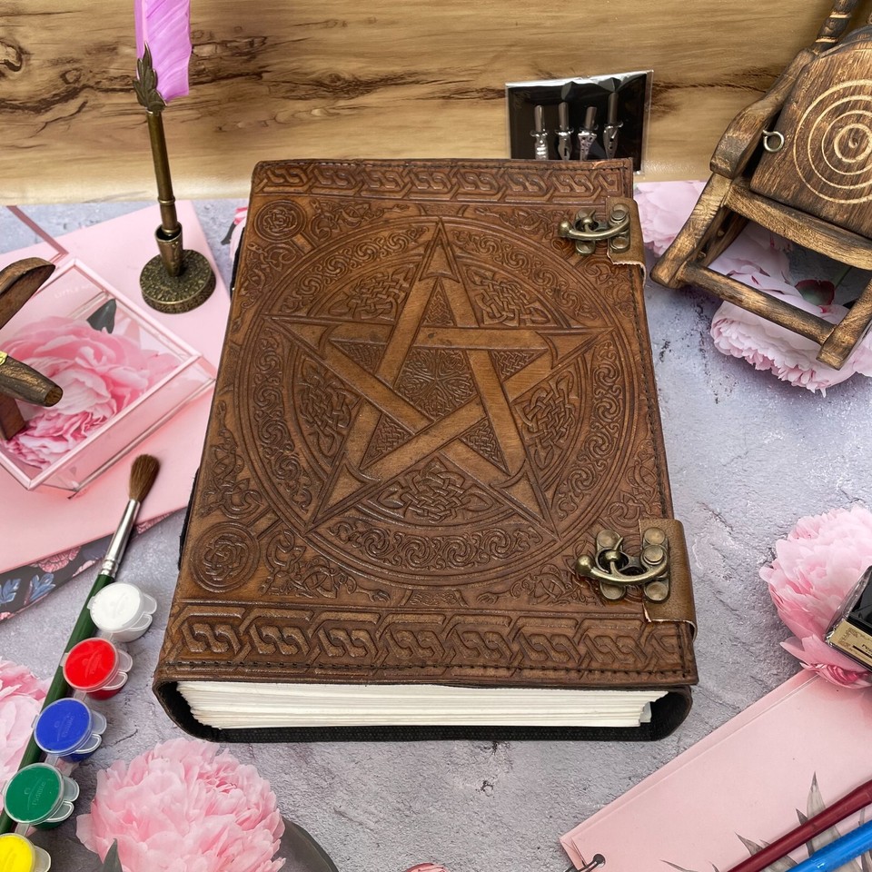 Large Pentagram Embossed Leather Journal 600 White Blank Papers Spell ...