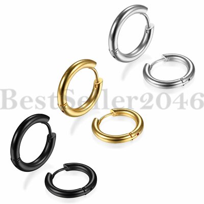 3 Pairs Stainless Steel Tube Hoop Huggie Earrings Stud Ear Mens Womens ...