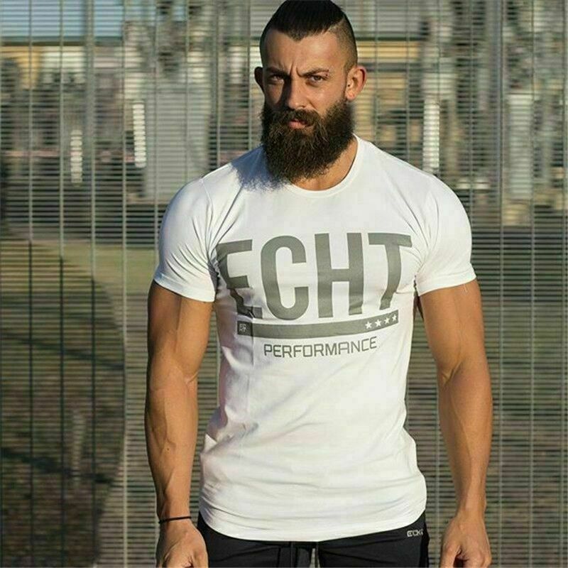 Men's Fitness Gym Muscle Training Basic Cotton Bodybuilding T-shirt Tee ...