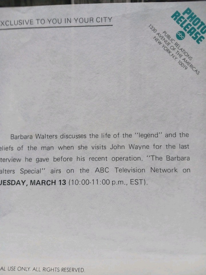1979 BARBARA WALTERS SPECIAL JOHN WAYNE ABC PHOTO RELEASE 2-20-79 | eBay