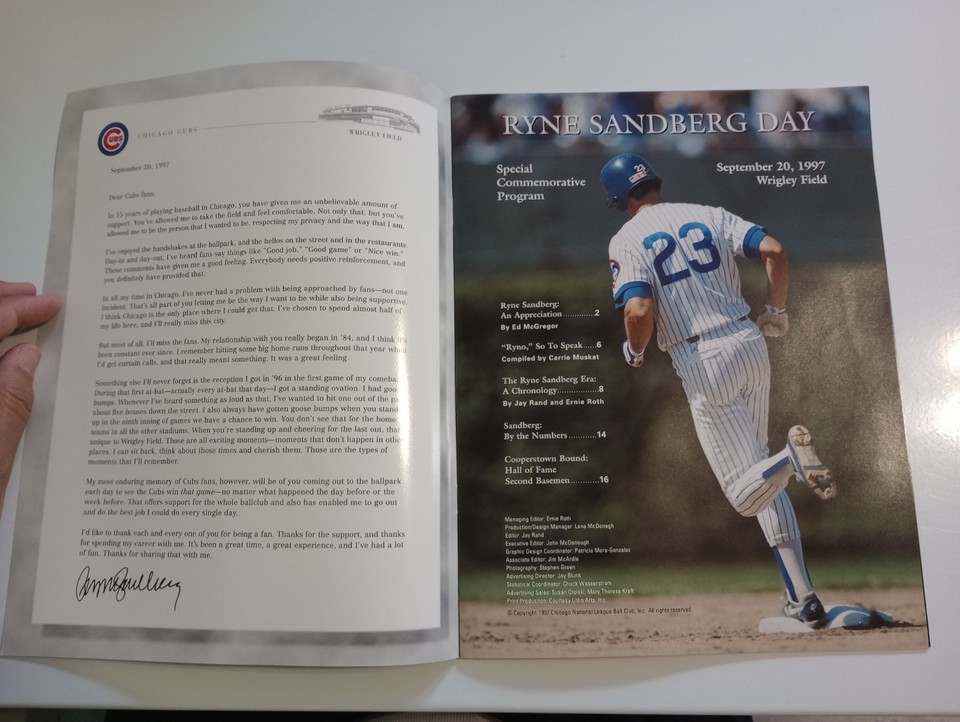 1997 Ryne Sandberg Day Baseball Program Wrigley Field MLB Chicago Cubs ...