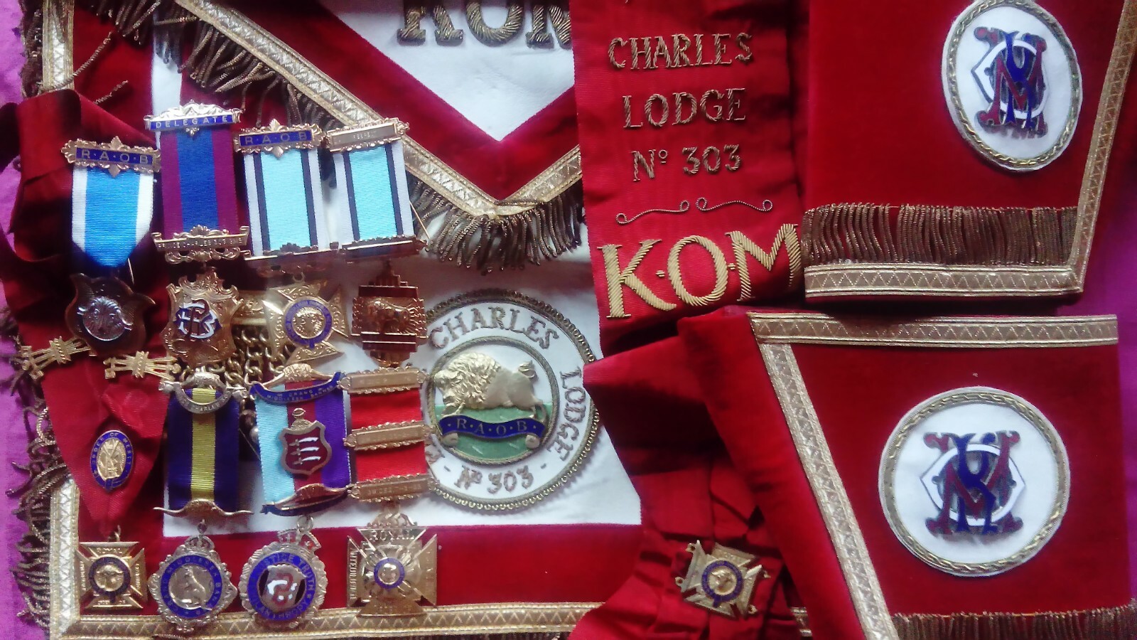 Vintage RAOB KOM regalia: apron, sash, collarette, cuffs, 7 breast ...