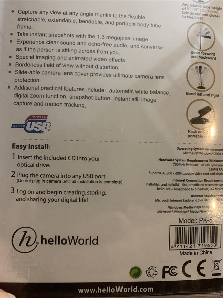 HelloWorld Digital USB Flexicam PK-5 350k Adjustable Compact Web Camera ...