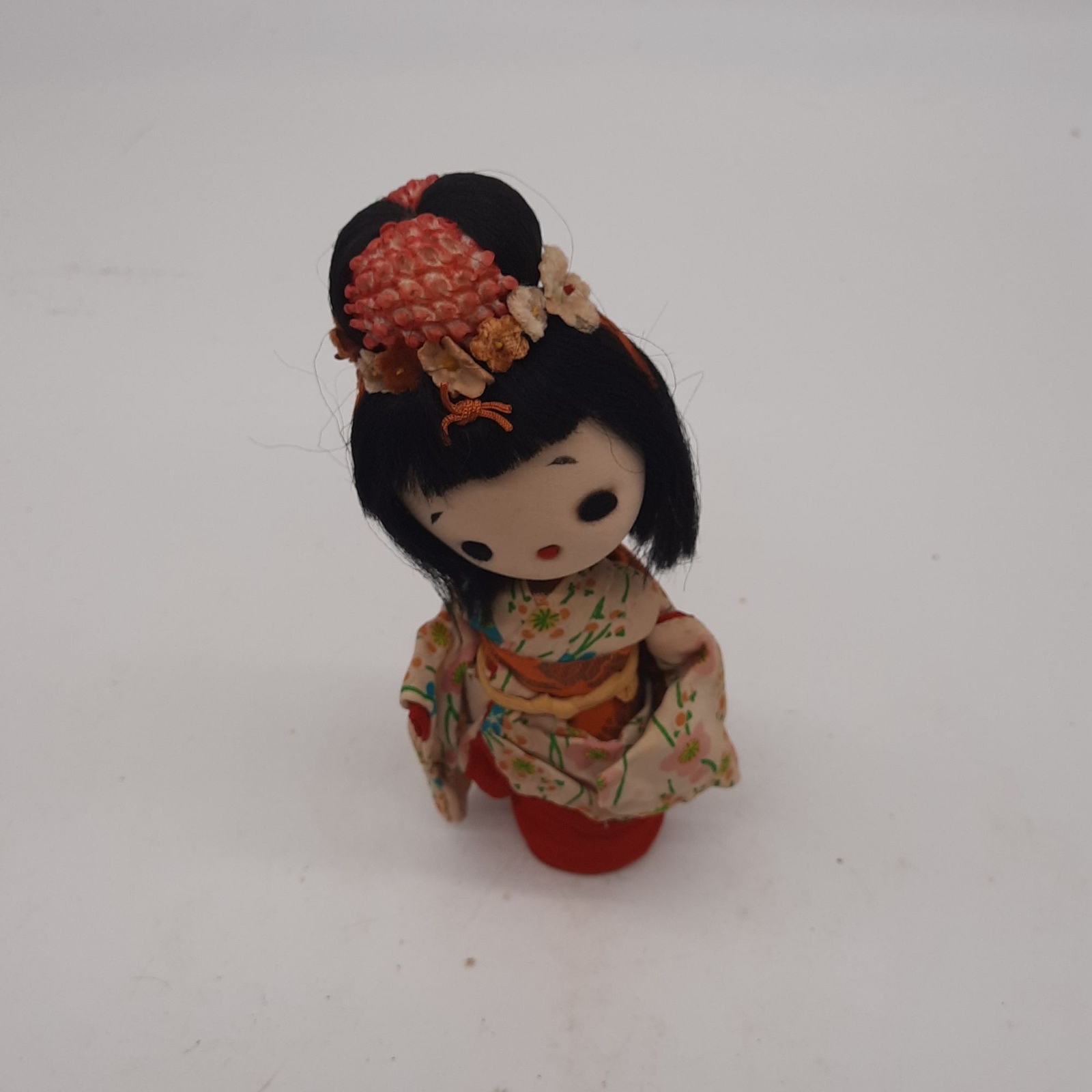 Vintage Japanese cloth doll pastel floral silk kimono ornate hair ...